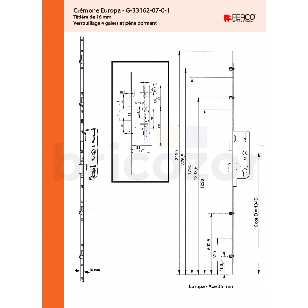 Serrure à larder 5 points - têtière 16 mm - GU Europa FERCO | Bricozor