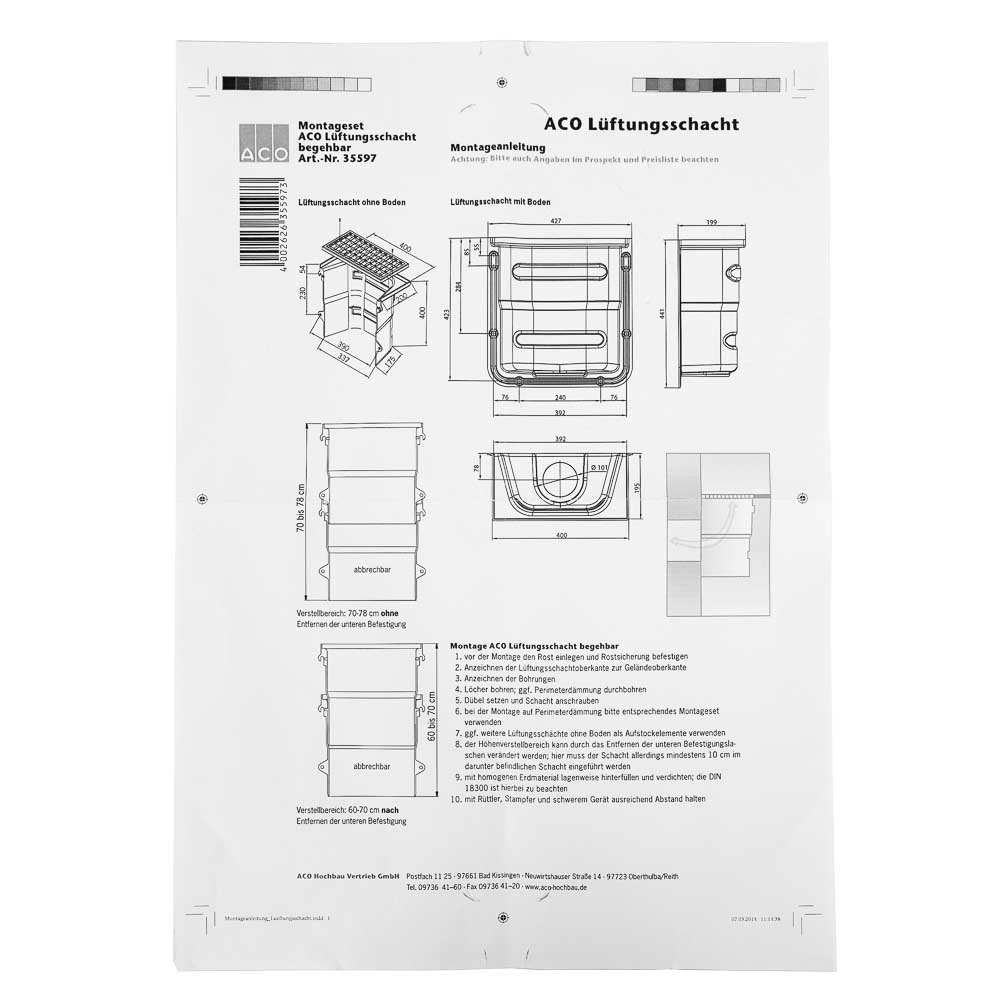 Courette d'aération complète - avec grilles - 40x40 cm ACO | Bricozor